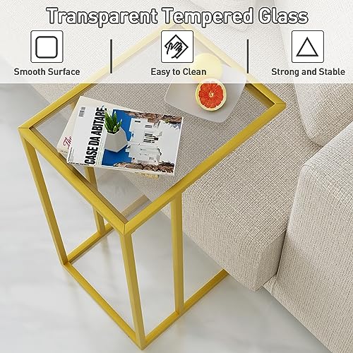 Easy Paws C Shaped Glass End Table, Small Gold Sofa Side Table, Narrow Snack Side Table with Metal Frame &Tempered Glass, TV Tray Table for Small Space, Easy Assembly,Gold