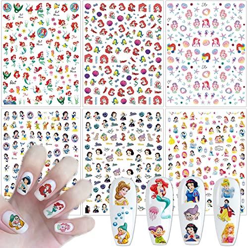 6 Sheets Kawaii Nail Art Stickers 3D Anime Design Nail Charms Cute Cartoon Nail Stickers Self-Adhesive Acrylic Nail Art Supplies Mermaid Nail Decals for Women Girls Kawaii Nails Art Decorations