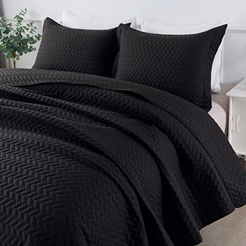 DOWNCOOL Black King Quilt Bedding Set with 2 Pillow Cases - 3 Pieces King Size Quilt Set - Lightweight Soft Bedspread Coverlet Bed Cover for All Season - King Quilt Sets(106"x96")