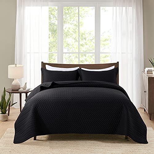 DOWNCOOL Black King Quilt Bedding Set with 2 Pillow Cases - 3 Pieces King Size Quilt Set - Lightweight Soft Bedspread Coverlet Bed Cover for All Season - King Quilt Sets(106"x96")