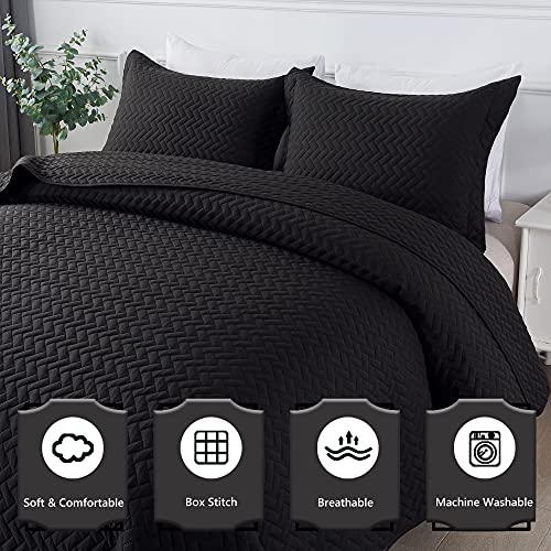 DOWNCOOL Black King Quilt Bedding Set with 2 Pillow Cases - 3 Pieces King Size Quilt Set - Lightweight Soft Bedspread Coverlet Bed Cover for All Season - King Quilt Sets(106"x96")