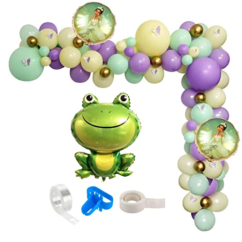 Princess Tiana Balloons Garland, Princess and the Frog Birthday Balloon Arch Kit with Large Green Frog Mylar Foil Balloons for Girl’s Birthday Baby Shower, Princess Theme Party,Garden Party Supplies