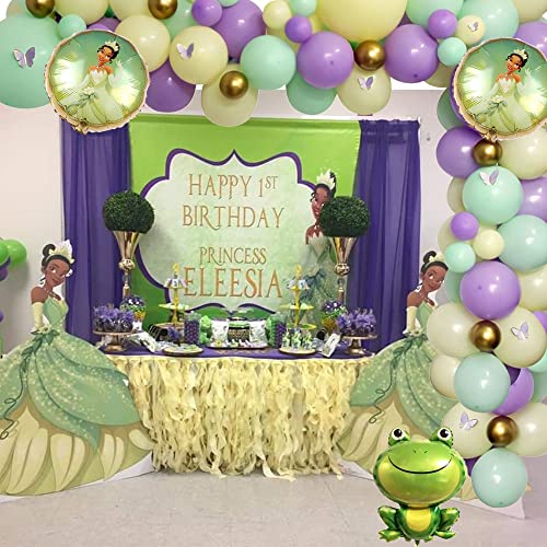 Princess Tiana Balloons Garland, Princess and the Frog Birthday Balloon Arch Kit with Large Green Frog Mylar Foil Balloons for Girl’s Birthday Baby Shower, Princess Theme Party,Garden Party Supplies