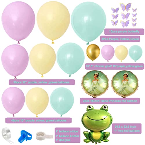 Princess Tiana Balloons Garland, Princess and the Frog Birthday Balloon Arch Kit with Large Green Frog Mylar Foil Balloons for Girl’s Birthday Baby Shower, Princess Theme Party,Garden Party Supplies