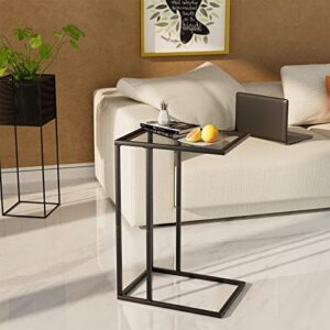 C Table Glass End Table, Couch Side Table, Tempered Glass Snack Side Table with Metal Frame, TV Tray Table for Small Space, Sofa Couch Side Tableand Bed Side Table(Black)…