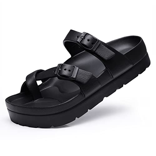 Goosecret Women's Platform Sandals with Arch Support Comfortable Foam Slip On Slides Lightweight Thick Soles | Adjustable Buckle | Ultra Cushion Black, 9-9.5