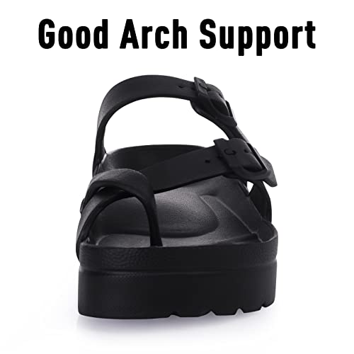 Goosecret Women's Platform Sandals with Arch Support Comfortable Foam Slip On Slides Lightweight Thick Soles | Adjustable Buckle | Ultra Cushion Black, 9-9.5