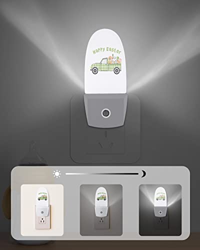 Plug-in LED Night Light with Auto Light Sensor - Popsicle Shape Nightlight Baby Night Lights for Hallway Bedroom Kids Room - Happy Easter Green Plaid Truck with Bunny and Easter Eggs