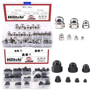 hilitchi 240pcs 7 sizes 304stainless steel & black nylon acorn nut acorn dome cap head hex nuts assortment kit metric inner threaded cap nuts assortment kit