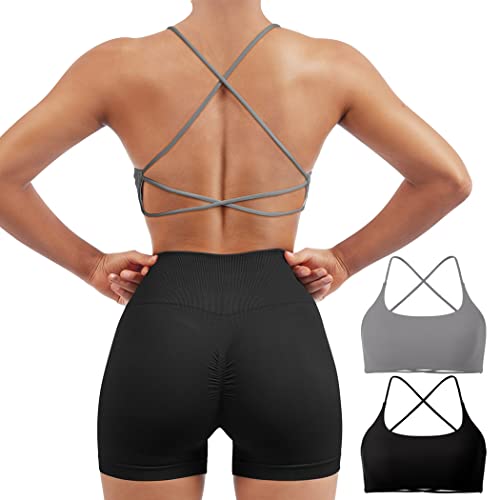 SUUKSESS Women 2 Piece Open Back Sports Bra Pack Strappy Workout Gym Yoga Crops (Grey & Black, S)