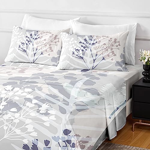 HCORA Queen Sheet Set - Plant Print - Luxury 1800 Brushed Microfiber Bed Sheets - Breathable Cooling Sheets for Queen Size Bed - 16" Deep Pocket, Extra Soft, Shrinkage, and Fade Resistant - 4 PC