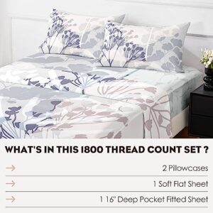 HCORA Queen Sheet Set - Plant Print - Luxury 1800 Brushed Microfiber Bed Sheets - Breathable Cooling Sheets for Queen Size Bed - 16" Deep Pocket, Extra Soft, Shrinkage, and Fade Resistant - 4 PC