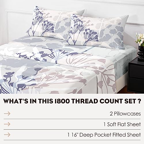 HCORA Queen Sheet Set - Plant Print - Luxury 1800 Brushed Microfiber Bed Sheets - Breathable Cooling Sheets for Queen Size Bed - 16" Deep Pocket, Extra Soft, Shrinkage, and Fade Resistant - 4 PC