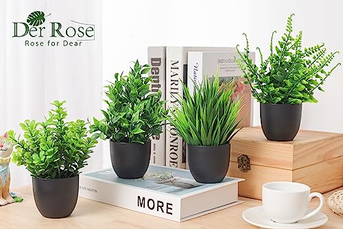 Der Rose Fake Plants 4 Packs Artificial Plants Small Faux Plants in Black Pot for Bathroom Home Office Table Decor Indoor