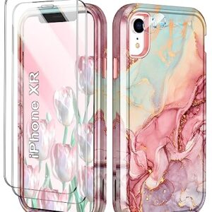 Btscase Compatible with iPhone XR Case, [5 in 1] with 2 Pack Screen Protector + 2 Pack Camera Lens Protector, Stylish Marble Full Body Three Layer Rugged Shockproof Protective Cover, Rose Gold