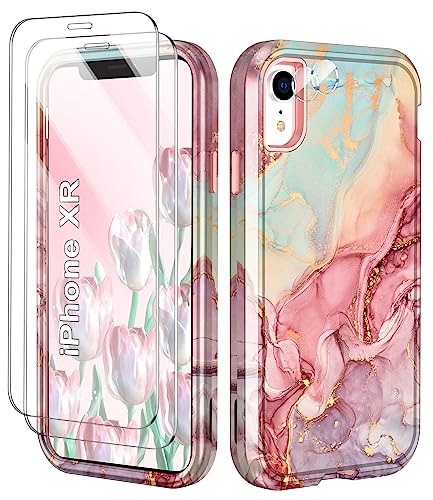 Btscase Compatible with iPhone XR Case, [5 in 1] with 2 Pack Screen Protector + 2 Pack Camera Lens Protector, Stylish Marble Full Body Three Layer Rugged Shockproof Protective Cover, Rose Gold