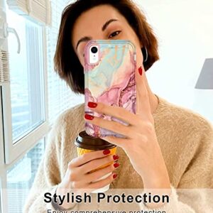 Btscase Compatible with iPhone XR Case, [5 in 1] with 2 Pack Screen Protector + 2 Pack Camera Lens Protector, Stylish Marble Full Body Three Layer Rugged Shockproof Protective Cover, Rose Gold