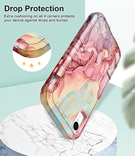 Btscase Compatible with iPhone XR Case, [5 in 1] with 2 Pack Screen Protector + 2 Pack Camera Lens Protector, Stylish Marble Full Body Three Layer Rugged Shockproof Protective Cover, Rose Gold