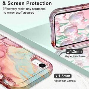 Btscase Compatible with iPhone XR Case, [5 in 1] with 2 Pack Screen Protector + 2 Pack Camera Lens Protector, Stylish Marble Full Body Three Layer Rugged Shockproof Protective Cover, Rose Gold