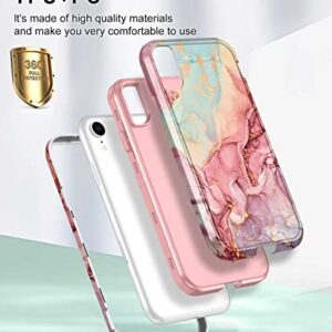 Btscase Compatible with iPhone XR Case, [5 in 1] with 2 Pack Screen Protector + 2 Pack Camera Lens Protector, Stylish Marble Full Body Three Layer Rugged Shockproof Protective Cover, Rose Gold