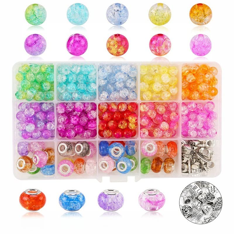 DSFEOIGY Crackle Beads Kit Lampwork Acrylic Round Spacer Loose Set for Handcrafted DIY Beading Bracelet Jewelry Making Crafts