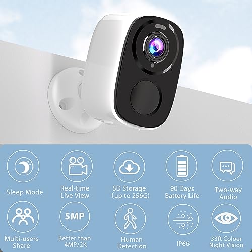 Rraycom Security Cameras Outdoor Wireless,5MP Battery Powered Camera for Home Security, Cloud/SD(up to 256G), No Monthly Fee, AI Motion Detection, Color Night Vision,2-Way Audio, BW4-N-White-3Pack