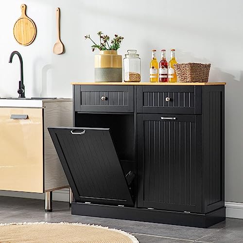 GAZHOME Kitchen Trash Cabinet Double Tilt Out Freestanding with Drawer,Kitchen Wooden Recycling Cabinet,Trash Can Holder with Storage (Black)