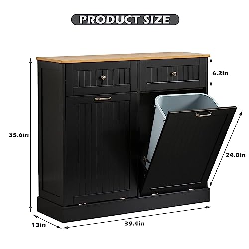 GAZHOME Kitchen Trash Cabinet Double Tilt Out Freestanding with Drawer,Kitchen Wooden Recycling Cabinet,Trash Can Holder with Storage (Black)