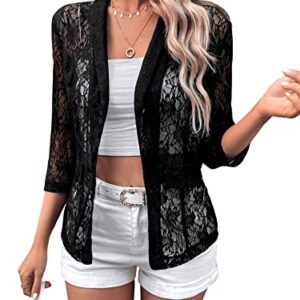 SweatyRocks Women's 3/4 Sleeve Floral Lace Open Front Collared Blazer Jacket Black XL