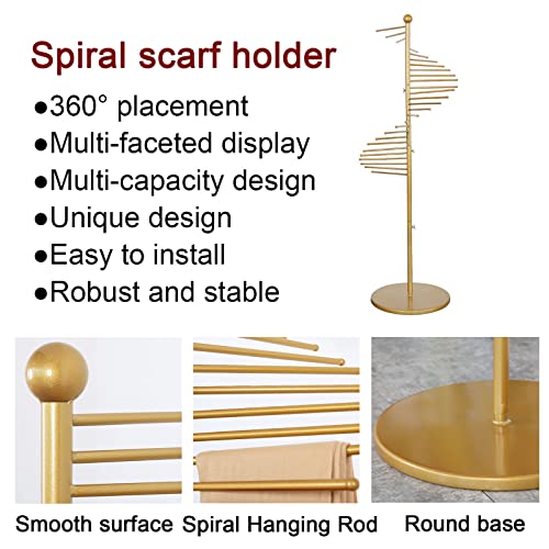 Spiral Scarf Rack, Floor Standing Scarf Shelf, Commercial Clothing Display Rack with 30 Hanger Rods, Suitable for Wardrobe Storage, Bedrooms, Clothing Shops and Dormitories (Gold)