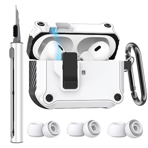 [4 in 1] AirPods Pro 2nd/1st Generation Case Cover with Cleaner kit & 3 Pairs Replacement Ear Tips with Noise Reduction Hole(S/M/L),Automatic Snap Switch Secure Case for Apple AirPods Pro 2nd/1st