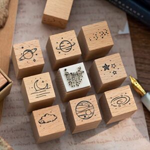 16Pcs Vintage Wooden Seal Set, Retro Rubber Stamps, Flower Moon Star Butterfly Mountain Rubber Stamps for Scrapbooking Ephemera Planner DIY Craft Card Making (Moon&Sixpence)