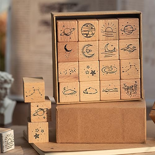 16Pcs Vintage Wooden Seal Set, Retro Rubber Stamps, Flower Moon Star Butterfly Mountain Rubber Stamps for Scrapbooking Ephemera Planner DIY Craft Card Making (Moon&Sixpence)