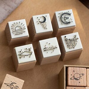 16Pcs Vintage Wooden Seal Set, Retro Rubber Stamps, Flower Moon Star Butterfly Mountain Rubber Stamps for Scrapbooking Ephemera Planner DIY Craft Card Making (Moon&Sixpence)