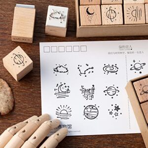 16Pcs Vintage Wooden Seal Set, Retro Rubber Stamps, Flower Moon Star Butterfly Mountain Rubber Stamps for Scrapbooking Ephemera Planner DIY Craft Card Making (Moon&Sixpence)