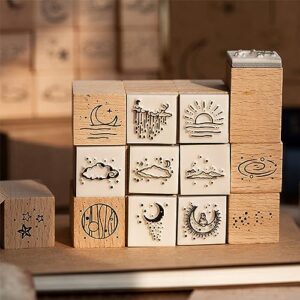 16Pcs Vintage Wooden Seal Set, Retro Rubber Stamps, Flower Moon Star Butterfly Mountain Rubber Stamps for Scrapbooking Ephemera Planner DIY Craft Card Making (Moon&Sixpence)