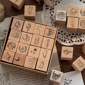 16Pcs Vintage Wooden Seal Set, Retro Rubber Stamps, Flower Moon Star Butterfly Mountain Rubber Stamps for Scrapbooking Ephemera Planner DIY Craft Card Making (Moon&Sixpence)