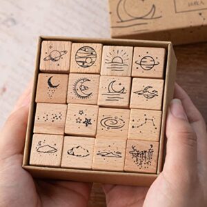 16Pcs Vintage Wooden Seal Set, Retro Rubber Stamps, Flower Moon Star Butterfly Mountain Rubber Stamps for Scrapbooking Ephemera Planner DIY Craft Card Making (Moon&Sixpence)