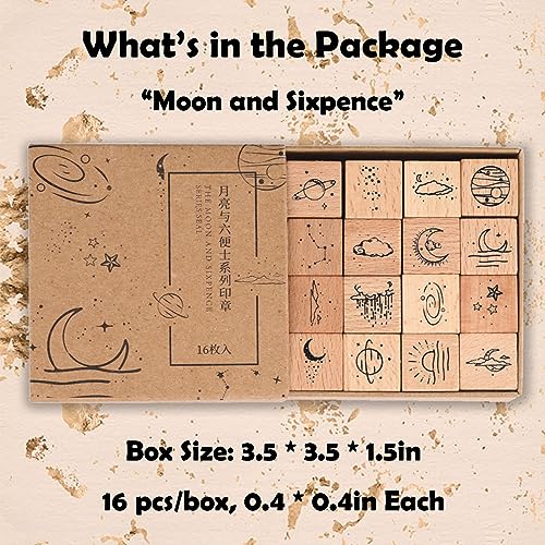 16Pcs Vintage Wooden Seal Set, Retro Rubber Stamps, Flower Moon Star Butterfly Mountain Rubber Stamps for Scrapbooking Ephemera Planner DIY Craft Card Making (Moon&Sixpence)