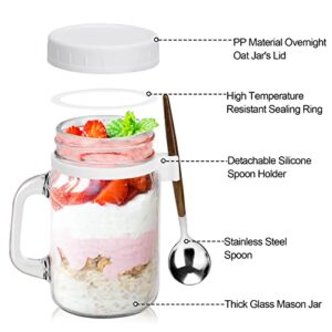 Nidhdsda Overnight Oats Containers with Lids and Spoon Set of 2, 16 OZ Mason Jars with Handle for Overnight Oats Jar Glass Oatmeal Containers for Cereal, Yogurt, Fruit, Salad, Chia Pudding(White)