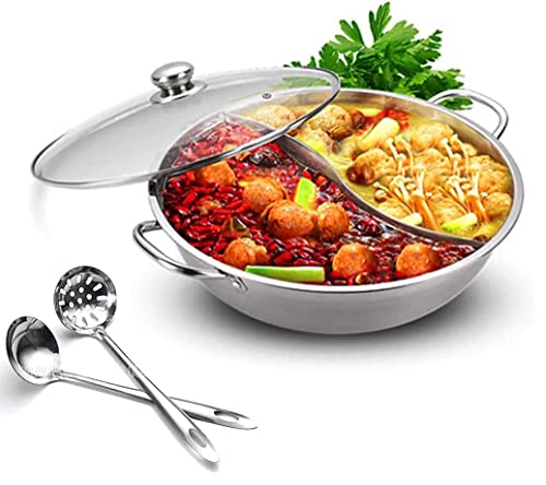 Shabu Shabu Hot Pot. 304 Premium Stainless Steel Hot Plate Cookware Set Ramen Cooker, Hot Pot Soup Base Korean BBQ Multi Cooker Stainless Steel Pot Set, 11"(30cm) Pot with Divider