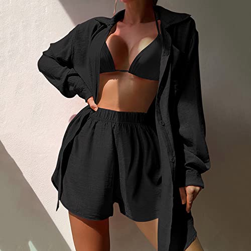 Women S Swim Skirts Womens Beach Holiday Plain Color Shirt Suit Sexy Loose Sun Suit Casual Beach Swimsuit Swim Kimono Black