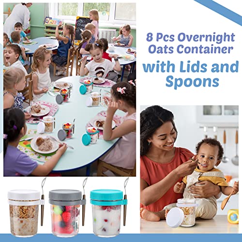 Rtteri 8 Pcs Overnight Oats Container with Lids and Spoons Overnight Oats Jars 12 oz Glass Mason Jars Portable Oatmeal Container 8 Pcs Spoons for Milk Cereal Vegetable Fruit Salad