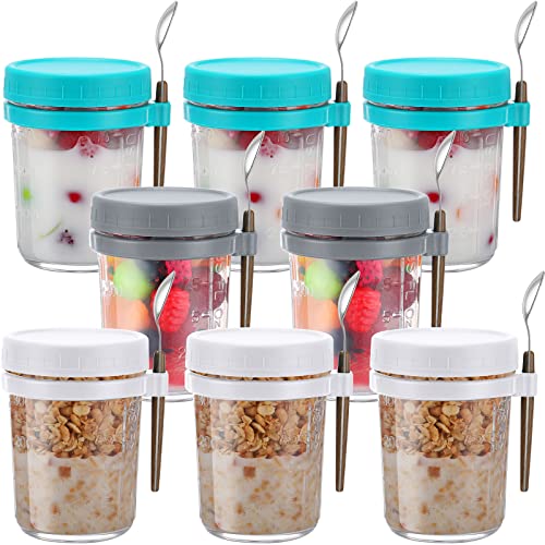 Rtteri 8 Pcs Overnight Oats Container with Lids and Spoons Overnight Oats Jars 12 oz Glass Mason Jars Portable Oatmeal Container 8 Pcs Spoons for Milk Cereal Vegetable Fruit Salad