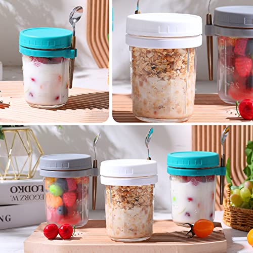 Rtteri 8 Pcs Overnight Oats Container with Lids and Spoons Overnight Oats Jars 12 oz Glass Mason Jars Portable Oatmeal Container 8 Pcs Spoons for Milk Cereal Vegetable Fruit Salad