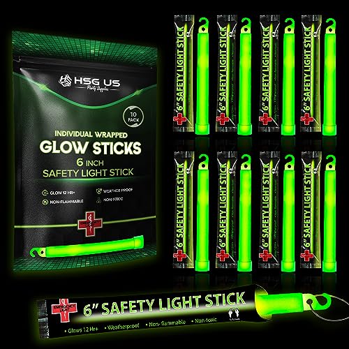 10 Ultra Bright Green Glow Sticks - Individual Packed With Lanyard - For Camping, Emergency Survival - Glow Lights for Blackouts, Hurricane and Storms- 6 Inch Chem Light Sticks with 12 Hour Duration