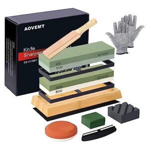 knife sharpening stone set, aovemt whetstone coarse to polished finishes 4-sided 400/1000 3000/8000 grit wet stone, axe sharpening stone, leather strop, stropping compound, flattening stone, ect.