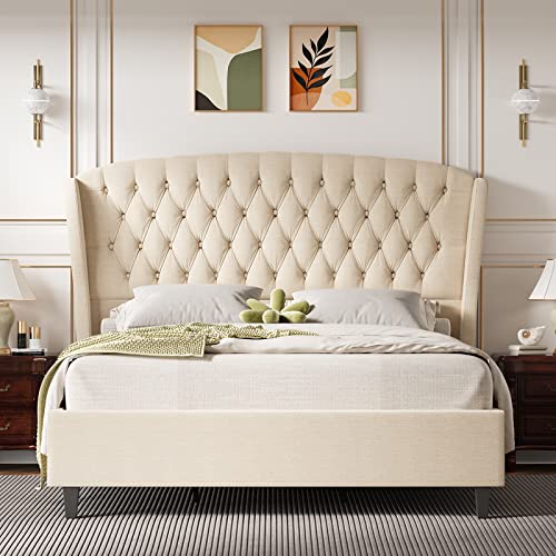 Jocisland Upholstered Bed Frame King Size Platform Bed Linen Deep Button Tufted Handmade Headboard Shell Wingback/No Box Spring Needed/Wood Slats(Beige)