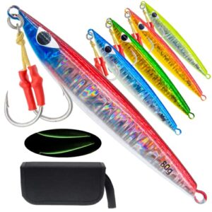 gefischtter 5pcs fishing jigs vertical saltwater jigs metal jigging spoon lure slow jigging pitching artificial deep sea glow lead jigs with assist hooks for tuna,bass,dogtooth,grouper/80g