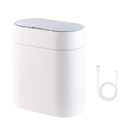 ELPHECO Bathroom Trash Can with Lids, 2.5 Gallon Automatic Trash Can, Motion Sensor Kitchen Trash Can, 9.5 Liter Small Plastic Trash Can Bathroom, Slim Smart Trash Can, Rechargeable,Bag suction, White